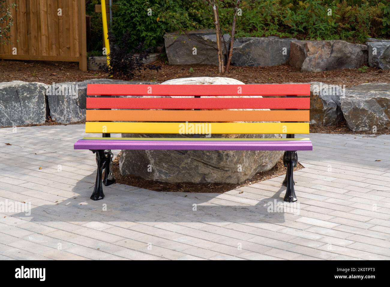 Pride bench in a park downtown Huntsville, Ontario Stock Photo - Alamy