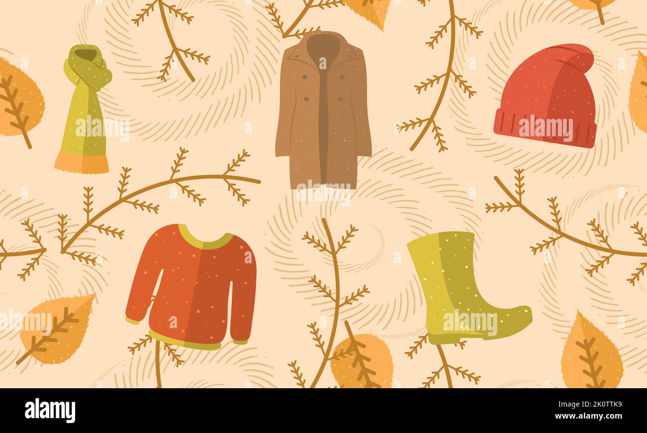 Colored autumn seamless pattern background with seasonal clothes Vector ...