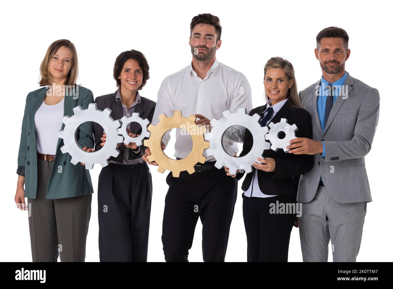 Group of happy business people holding cogwheels teamwork cooperation ...