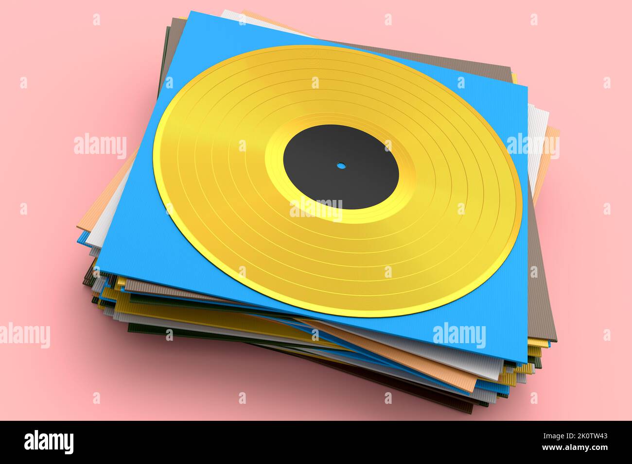 Black vinyl LP record with heap of covers isolated on pink background ...