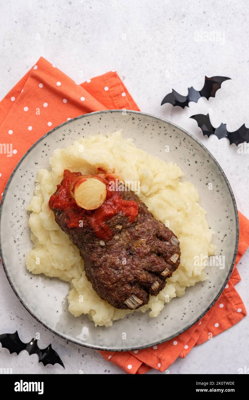 Halloween baked meatloaf with mashed potato Stock Photo - Alamy