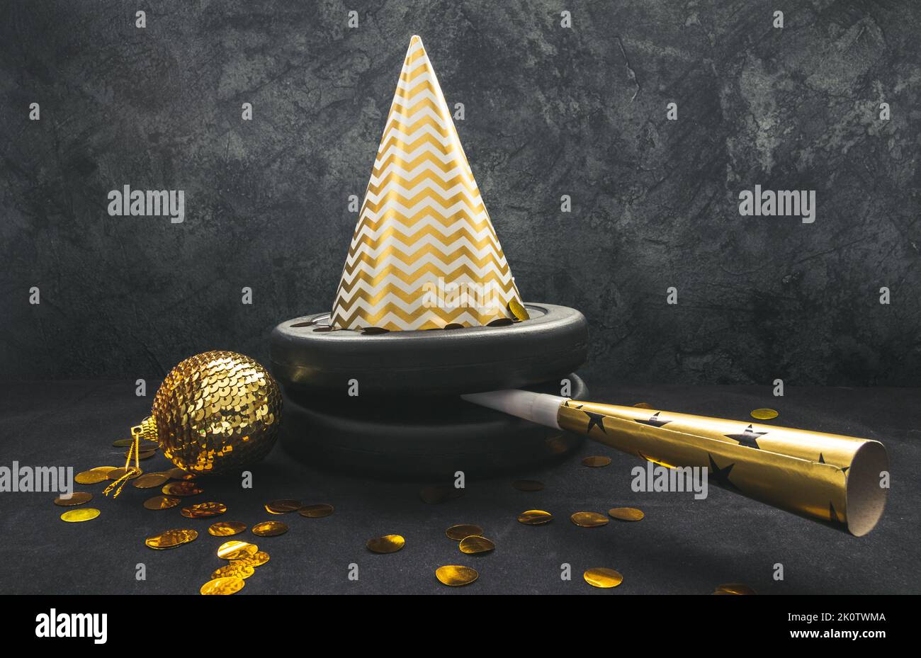 Gym dumbbells weight plates with party hat and golden horn blower for ...