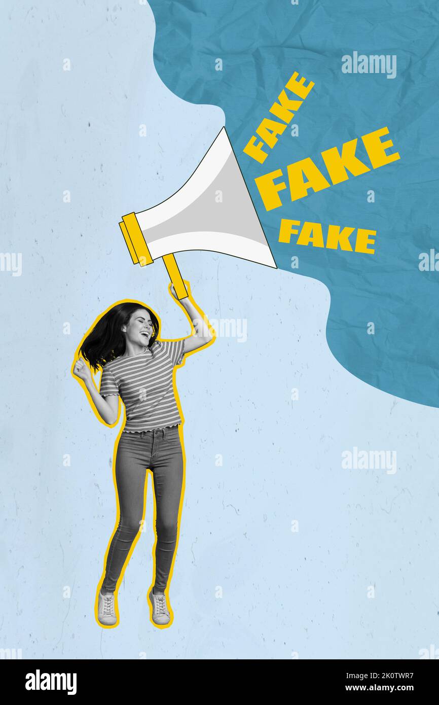 Creative collage banner template of lady spreading fake information ...