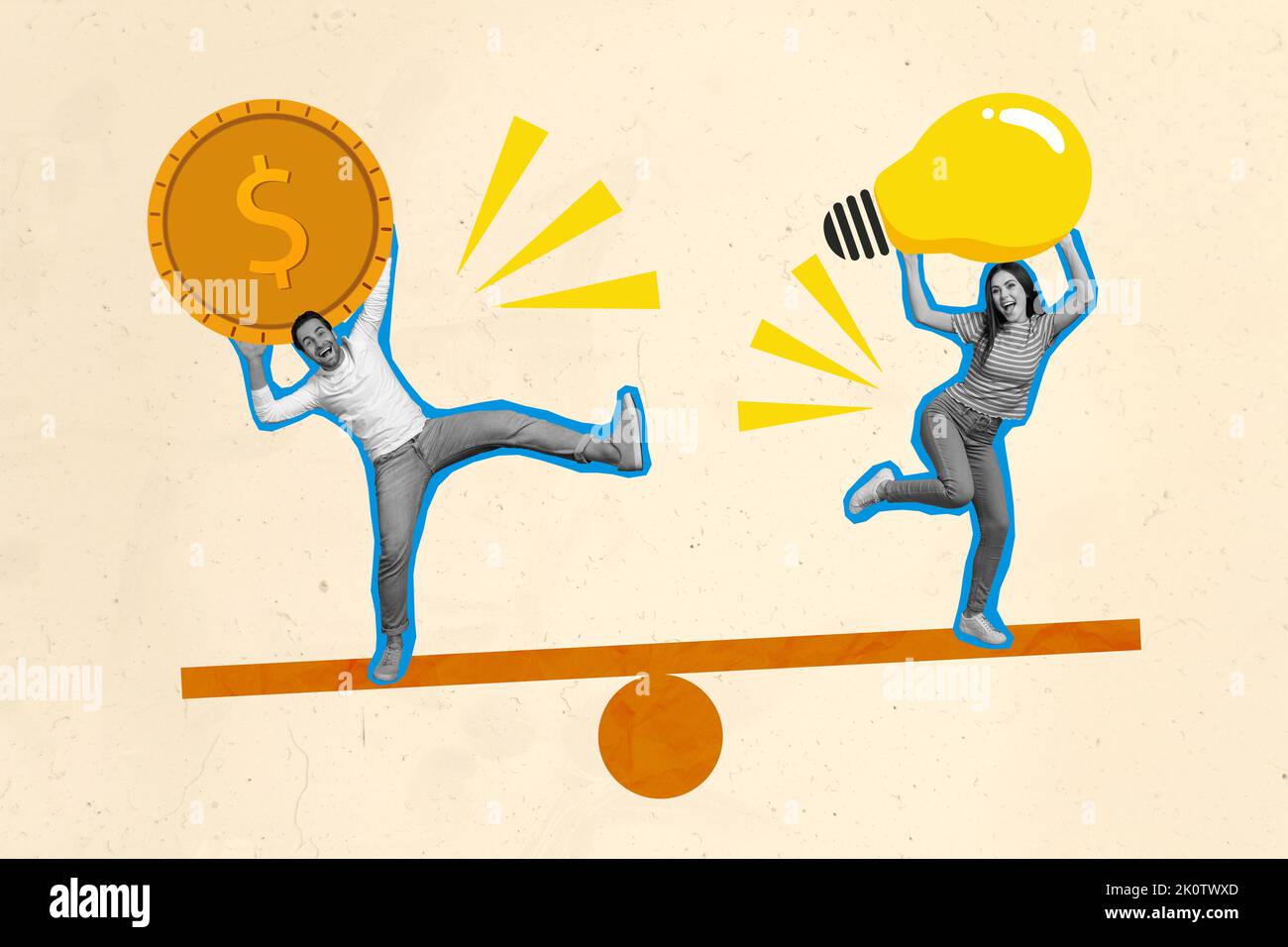 Magazine poster collage of two people guy lady balancing scale hold ...