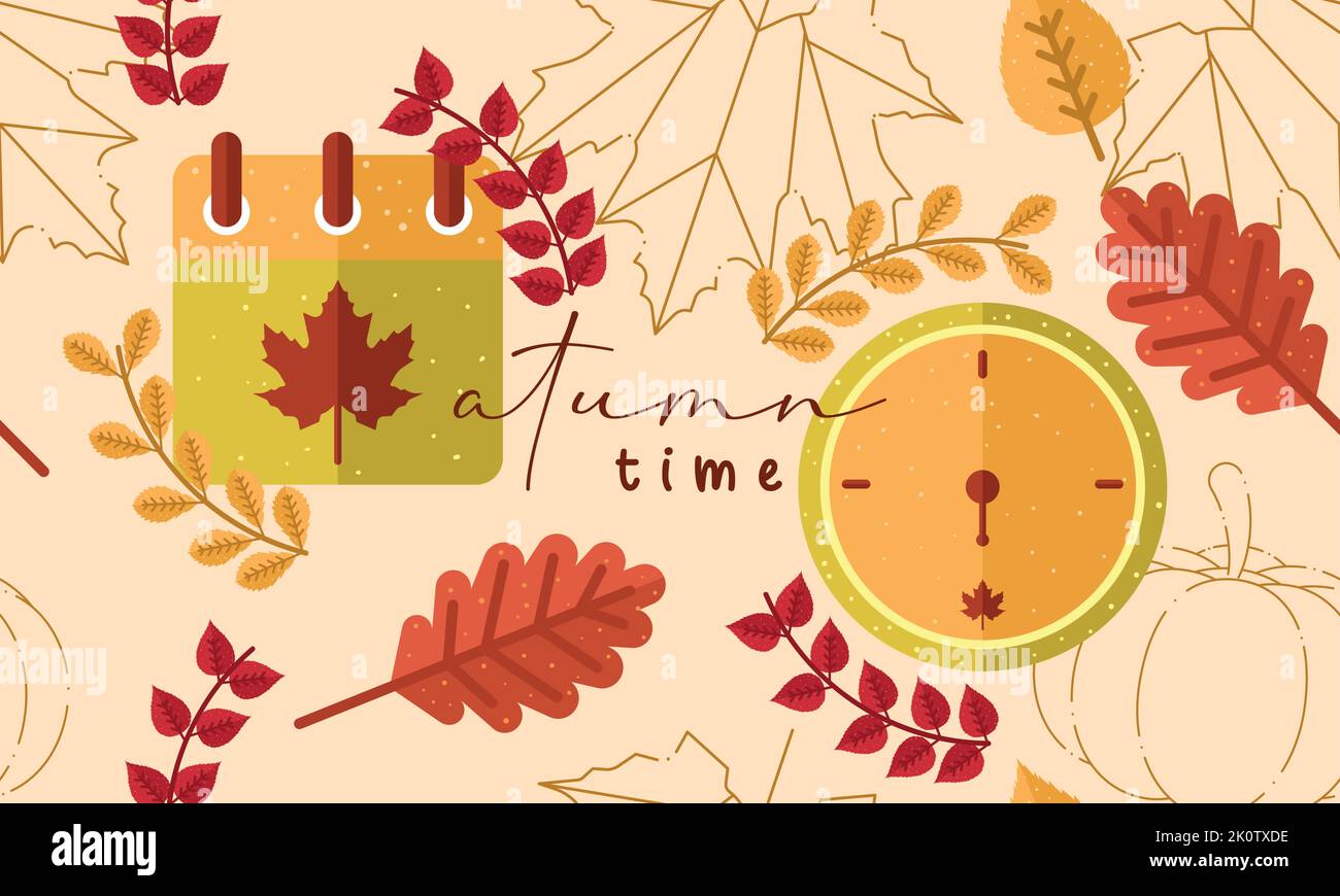 Colored autumn seamless pattern background with watch and calendar ...