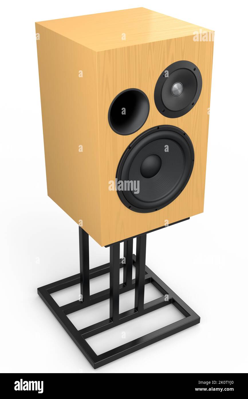 Hi-fi speakers with loudspeakers on stand isolated on white background ...