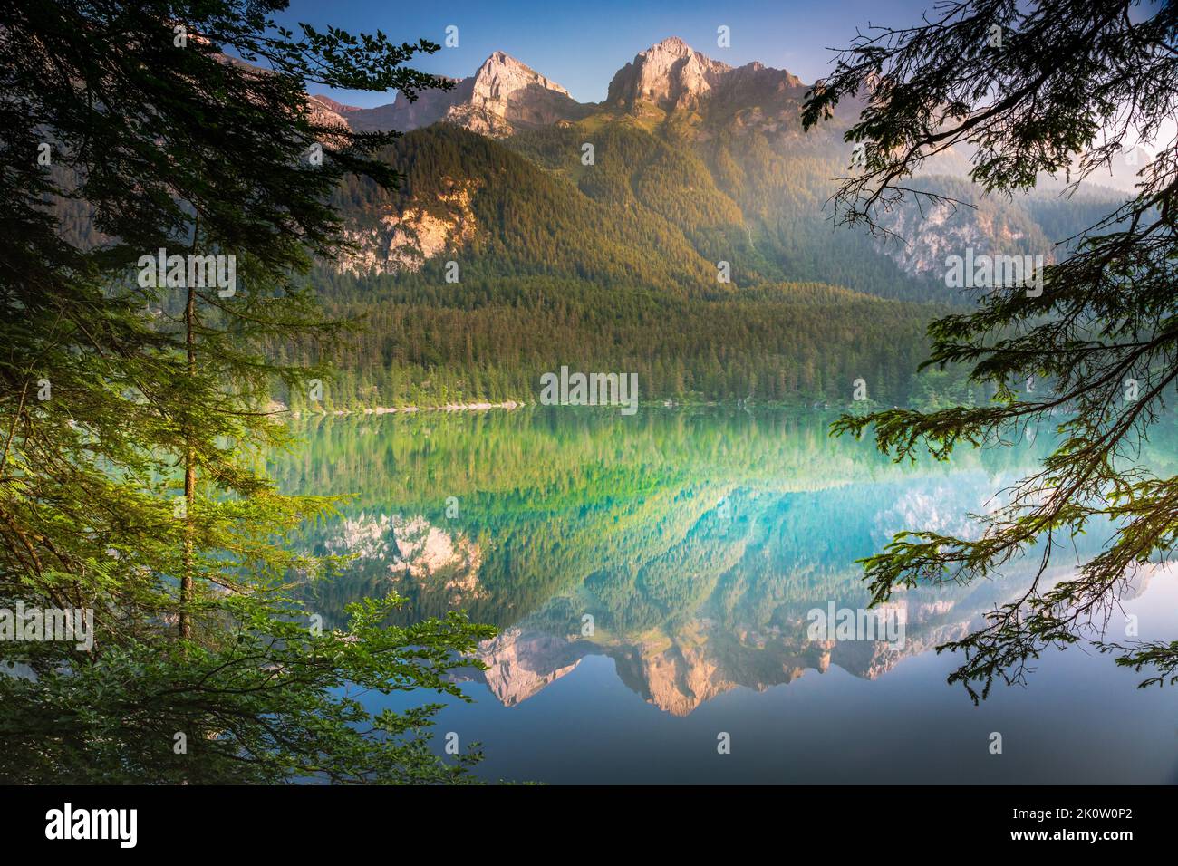 Lake Tovel reflection symmetry in Trentino-Alto Adige, Dolomites, Italy ...