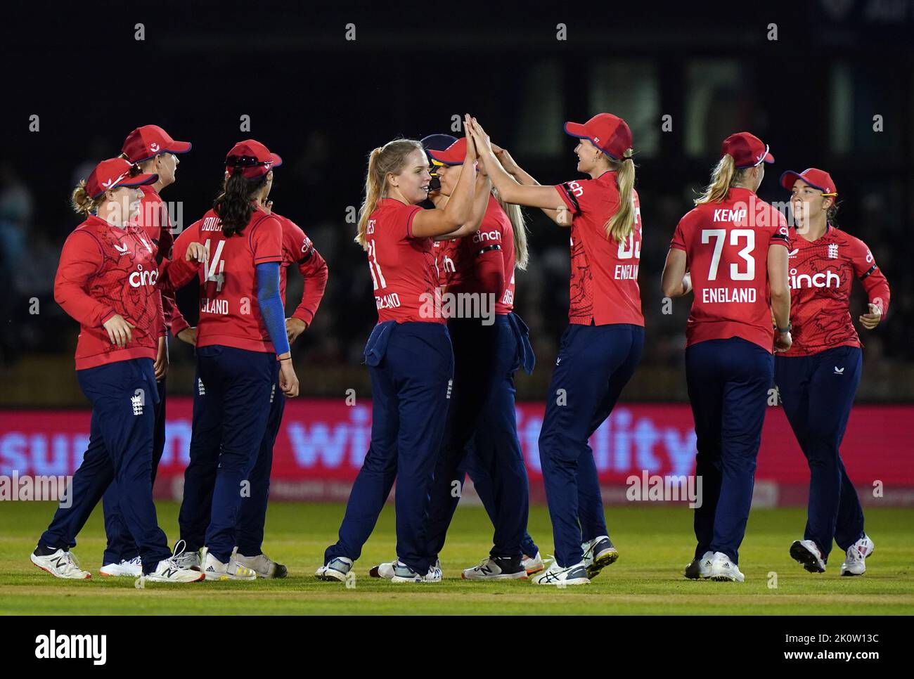 England's Freya Davis celebrates the wicket of India's Smriti Mandhana ...