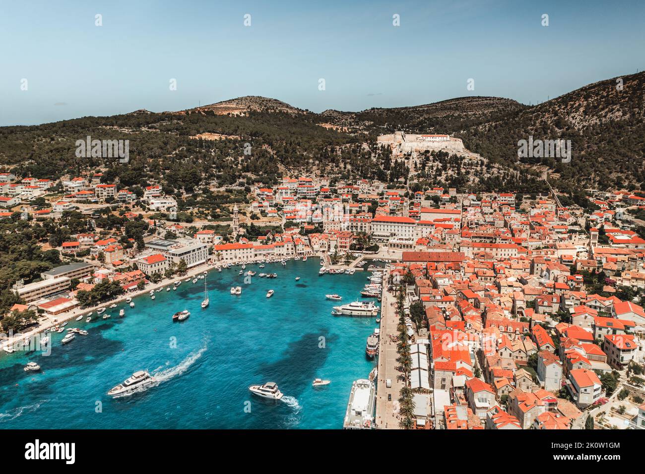 Aerial view of Hvar Island, Croatia. Turquoise water bays with luxury ...