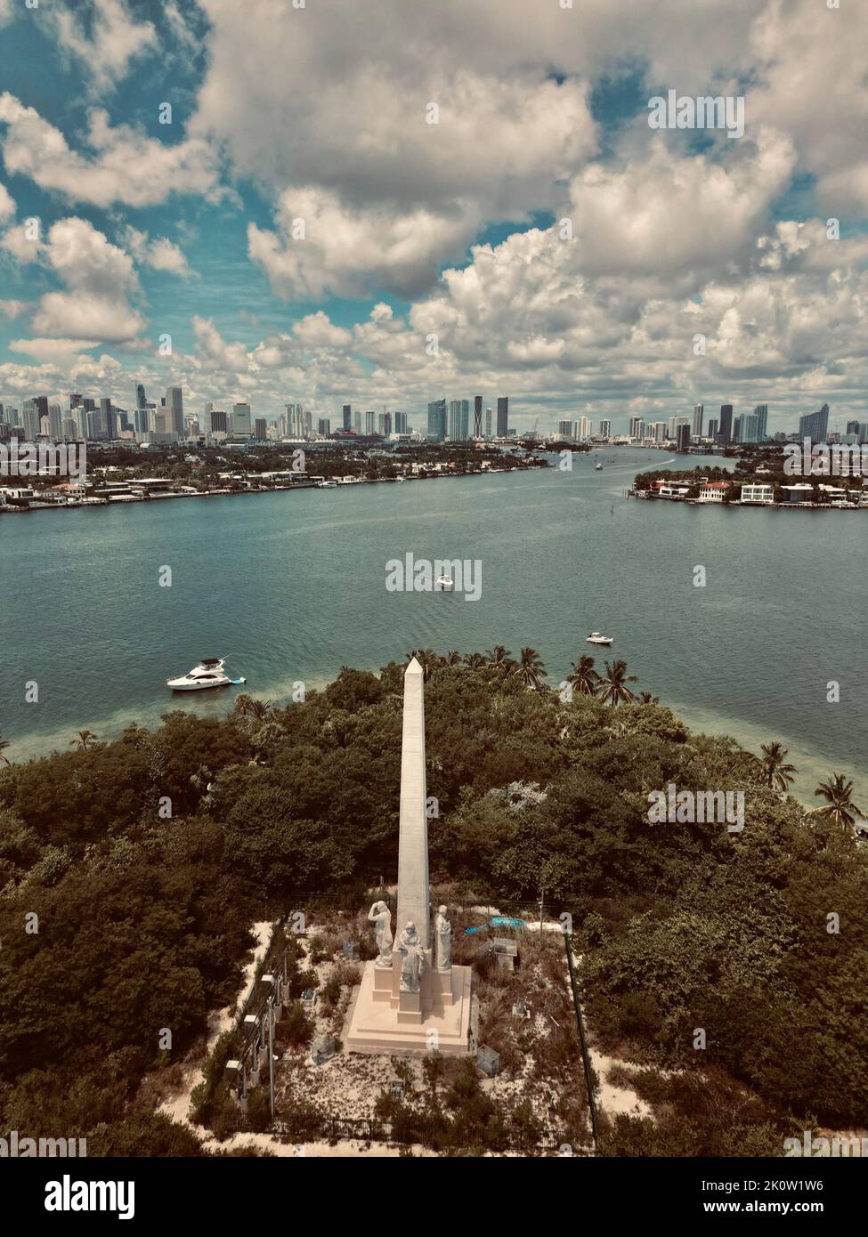 An aerial view of Flagler Memorial Island and downtown Miami in the ...