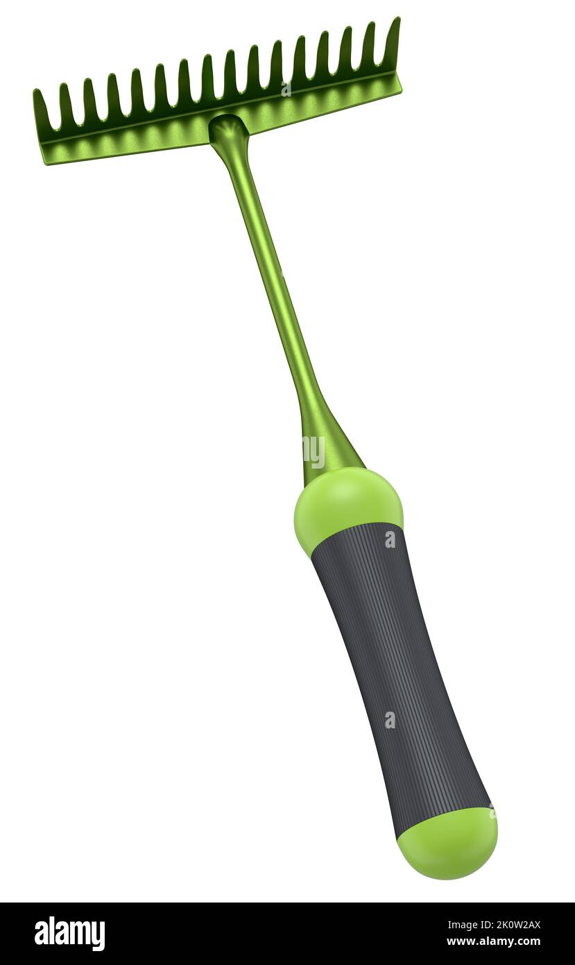 Garden rake with wooden handle for harvesting hay on white background ...