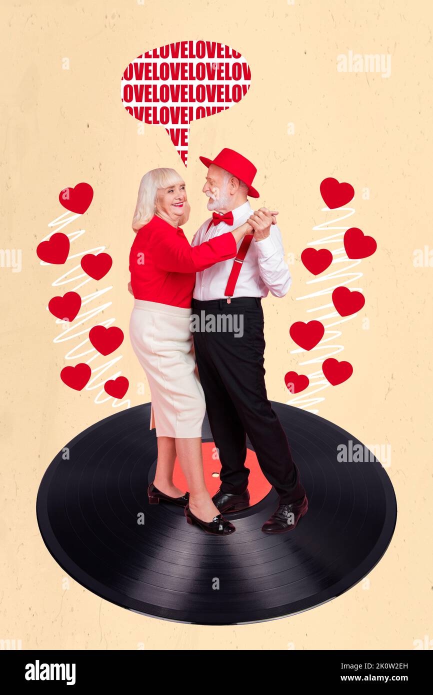 Vertical collage image of two aged people hold hands dancing big vinyl ...