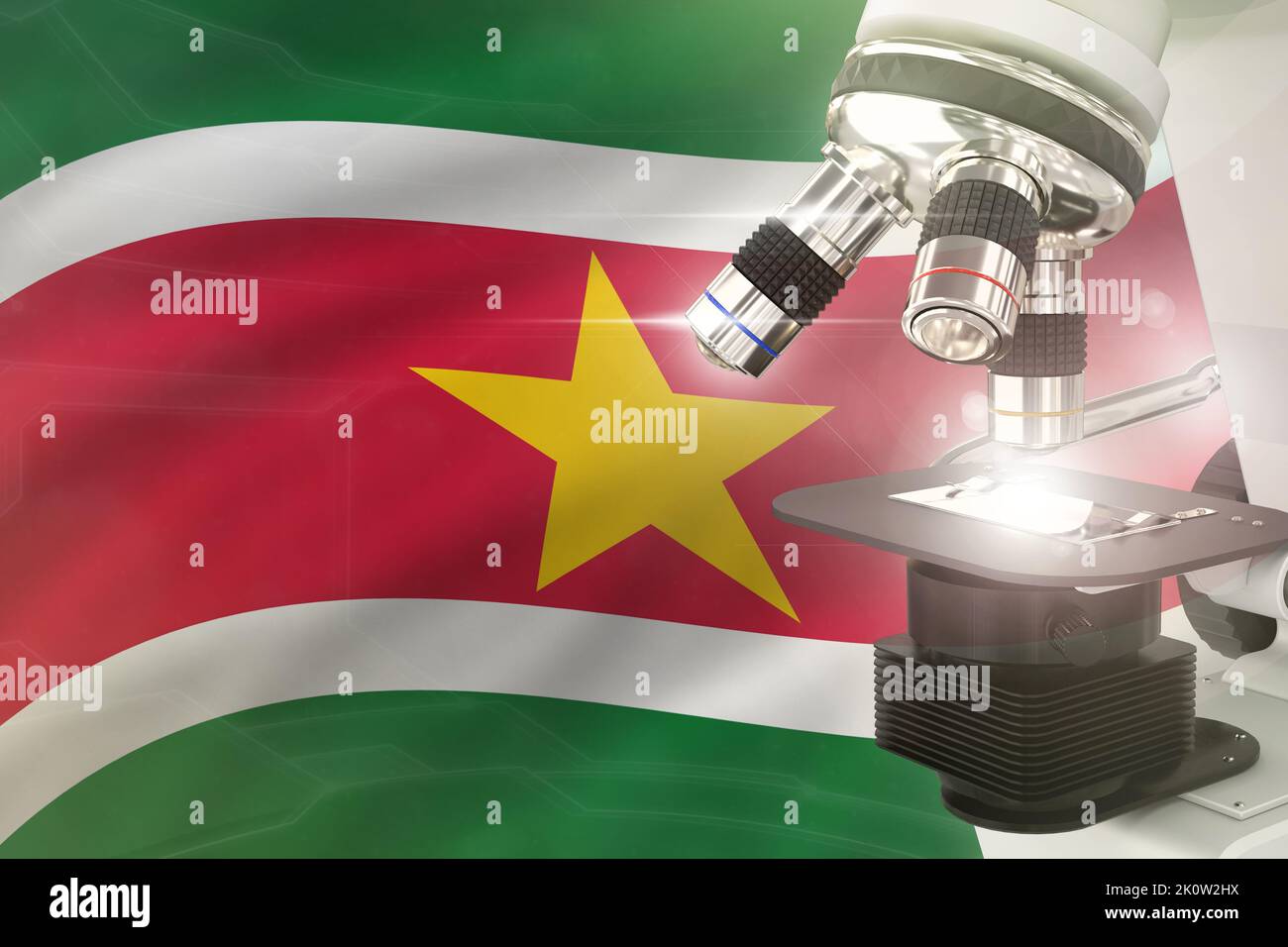 Suriname science development concept - microscope on flag background ...