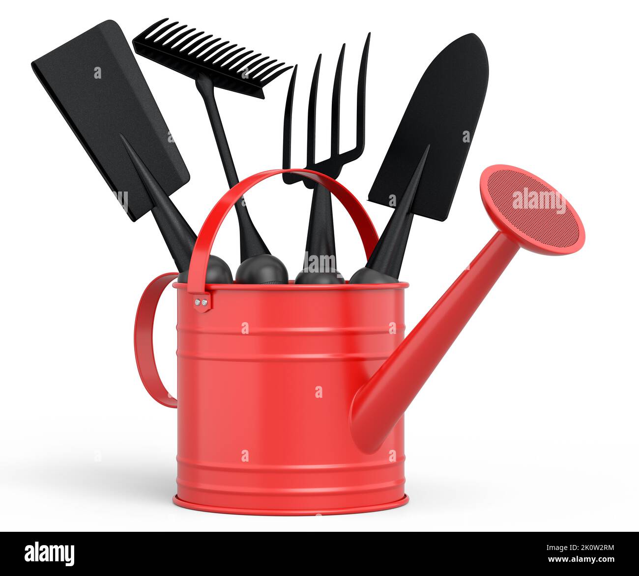 Watering can with garden tools like shovel, rake and fork on white ...