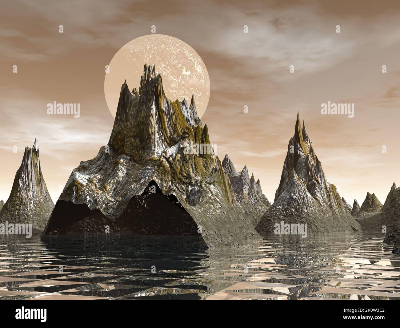 Night fantasy lansdcape with cliffs, moon and water - 3D render Stock ...