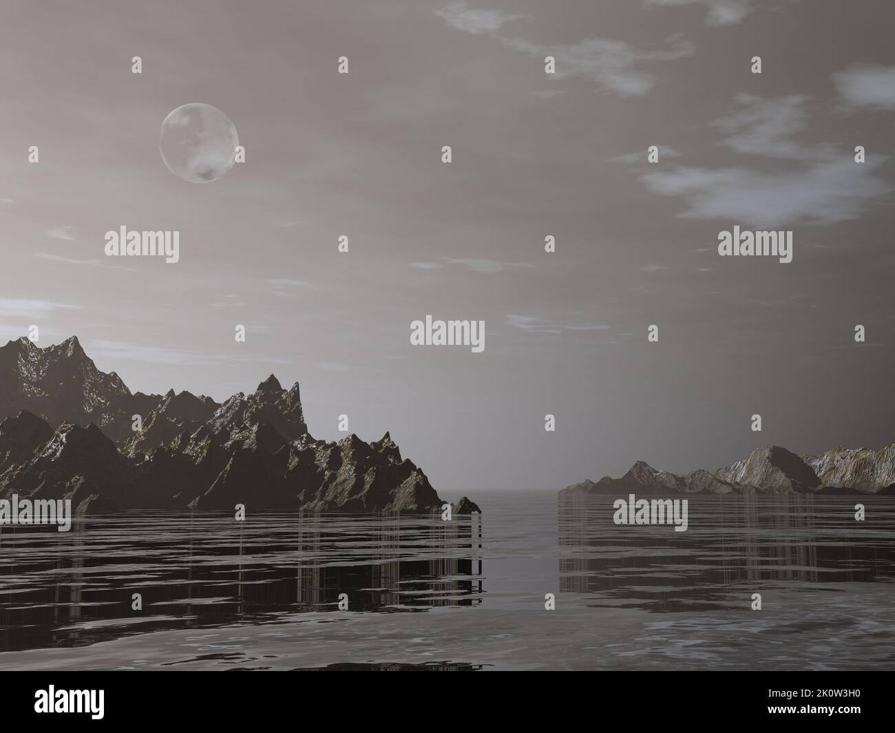 Night fantasy lansdcape with cliffs, moon and water - 3D render Stock ...