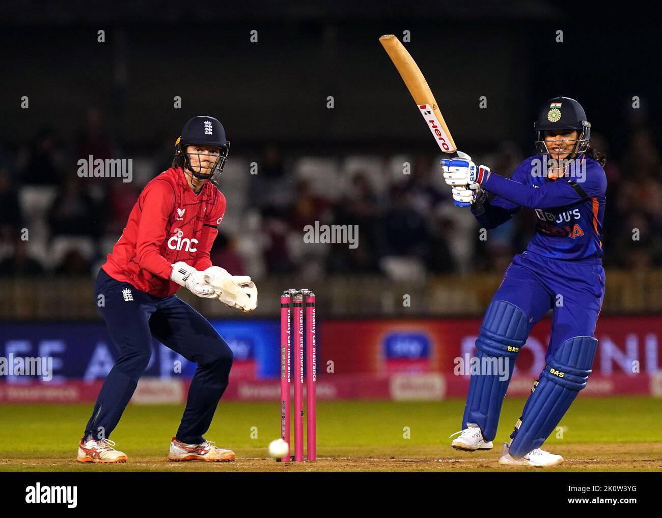 England's Amy Jones (left) and India's Smriti Mandhana batting during ...