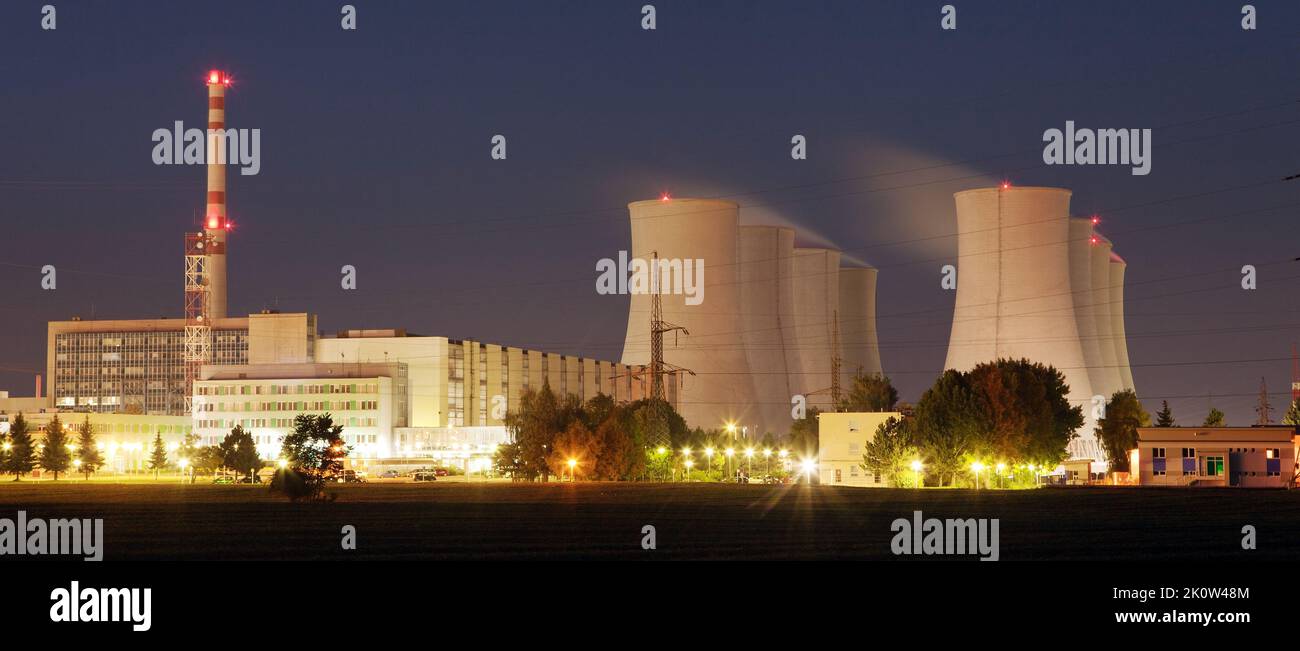 Night view of Jaslovske Bohunice nuclear power plant, cooling towers ...