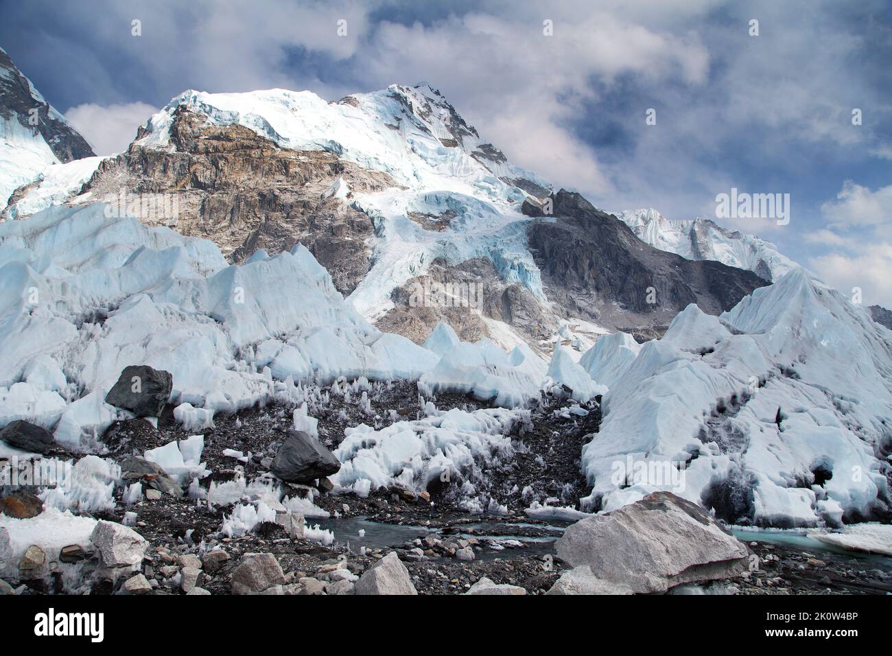 view from Everest base camp to west rock face of Nuptse peak and Khumbu ...