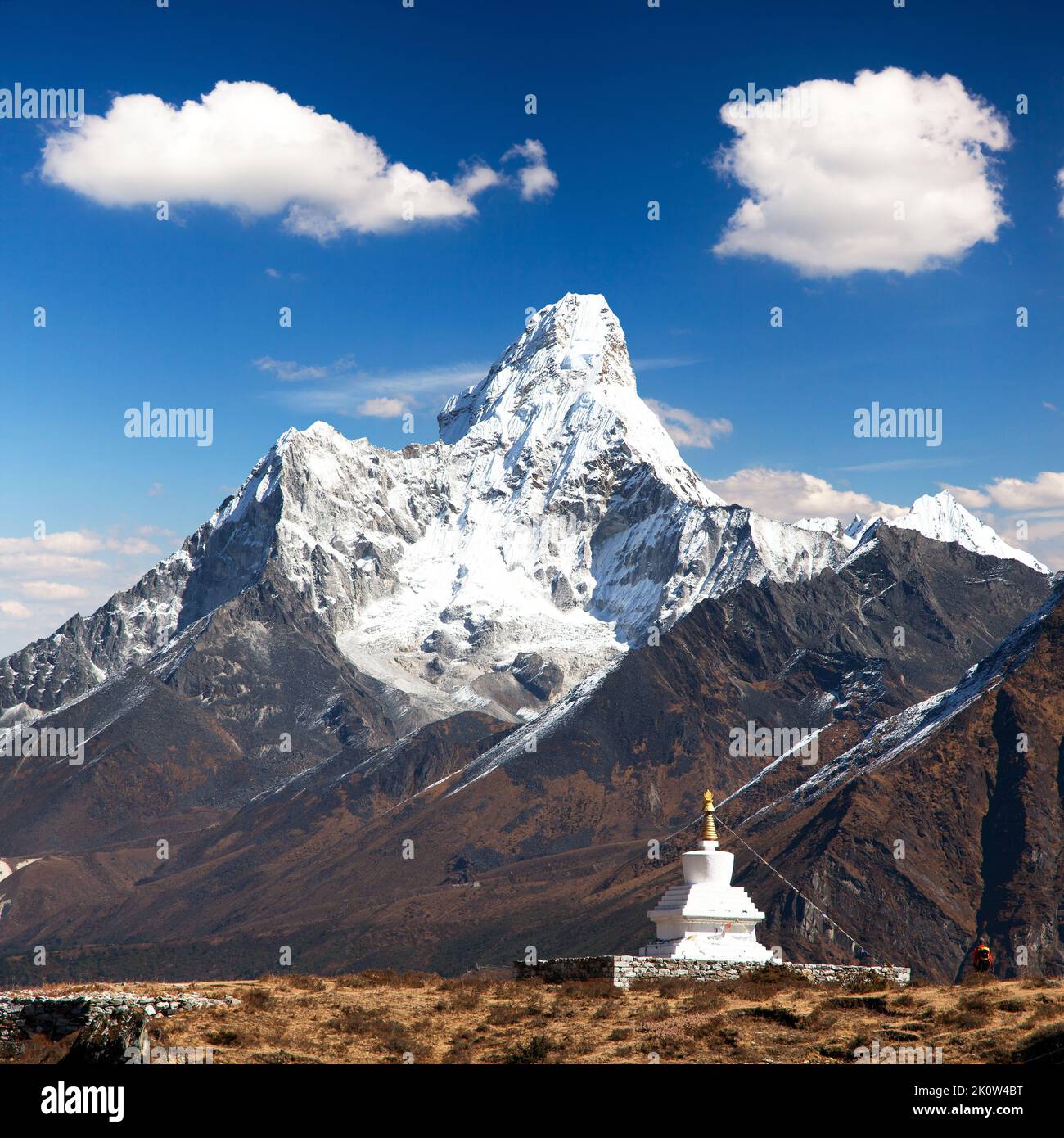 Mount Ama Dablam with stupa near Pangboche village and beautiful cloudy ...