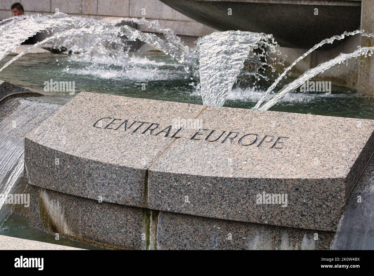 Water flows from a fountain at the World War II Memorial commemorating ...