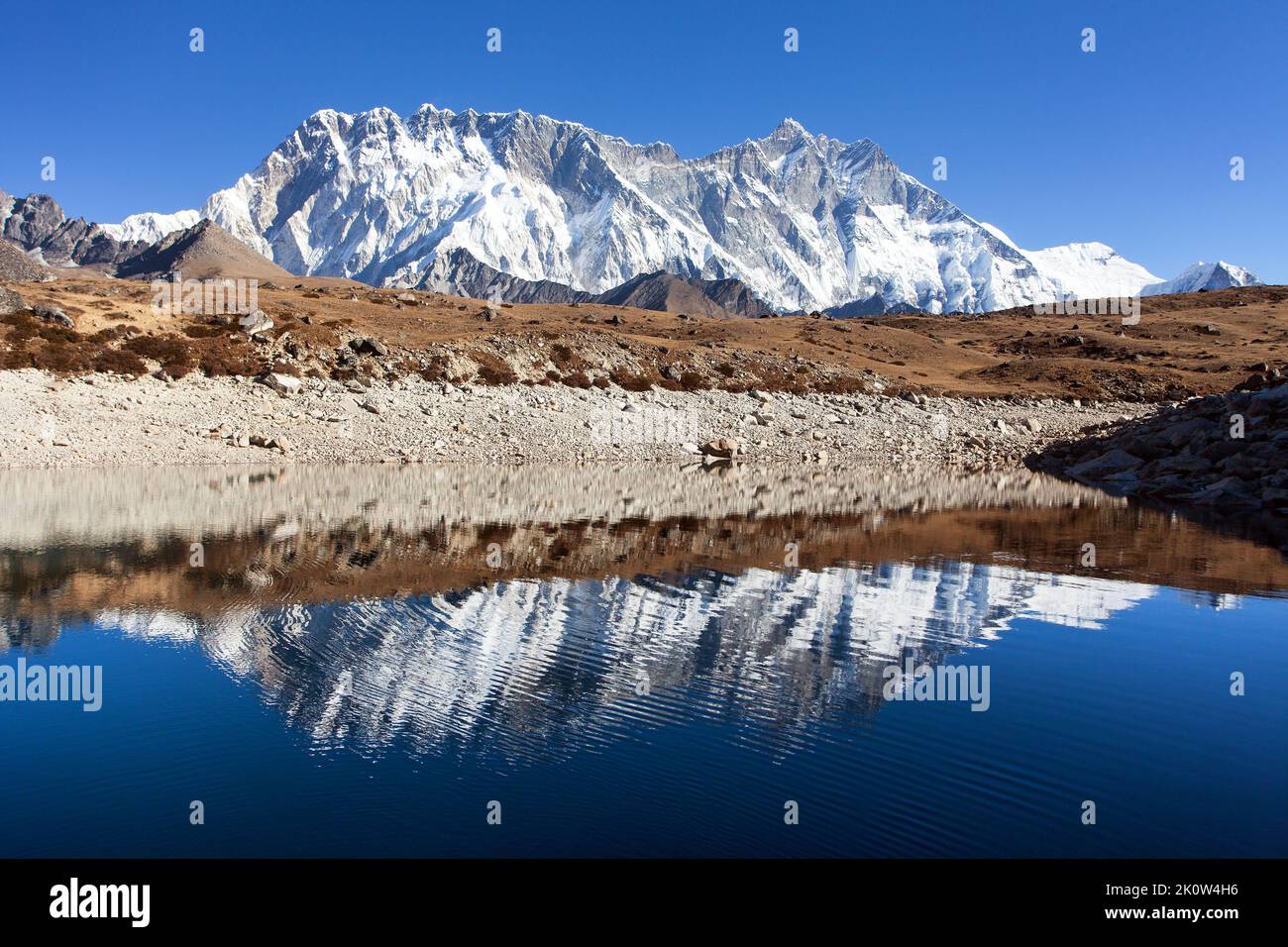 Panoramic view of Lhotse and Nuptse south rock face mirroring in small ...