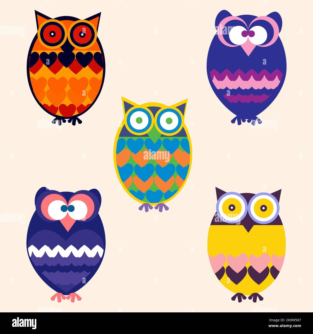 Set Of 5 Colorful Cartoon Owls Vector Illustration. Patterned Owl Set ...