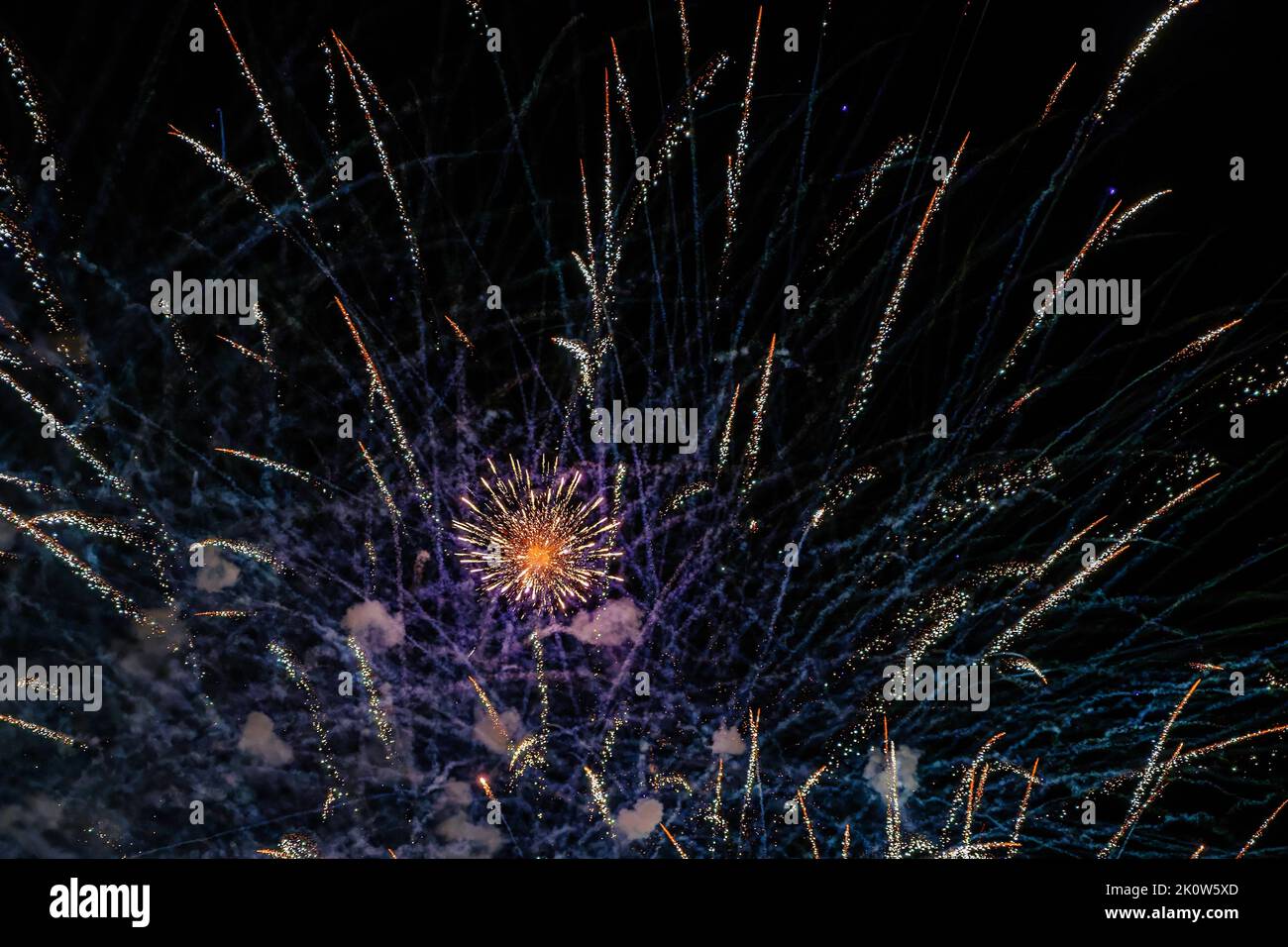 A sky view with colorful fireworks at night Stock Photo - Alamy