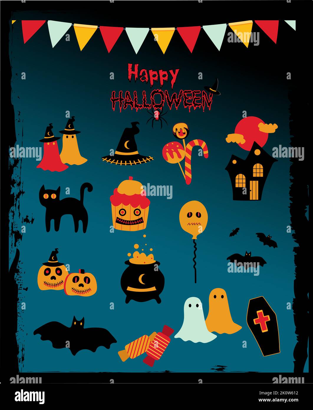 Happy Halloween Flat Vector Icon Set. Cute Cartoon Bundle Of Old Castle ...