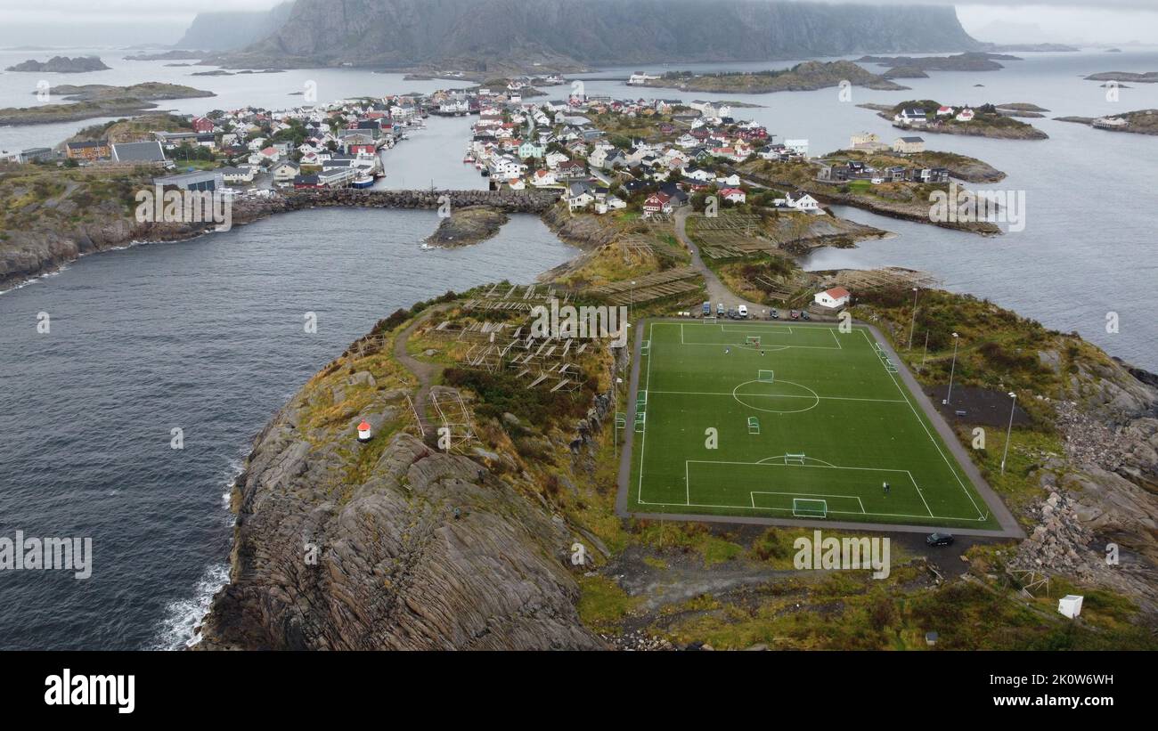 Aerial view of the football field in the nordic village of Henningsvaer ...