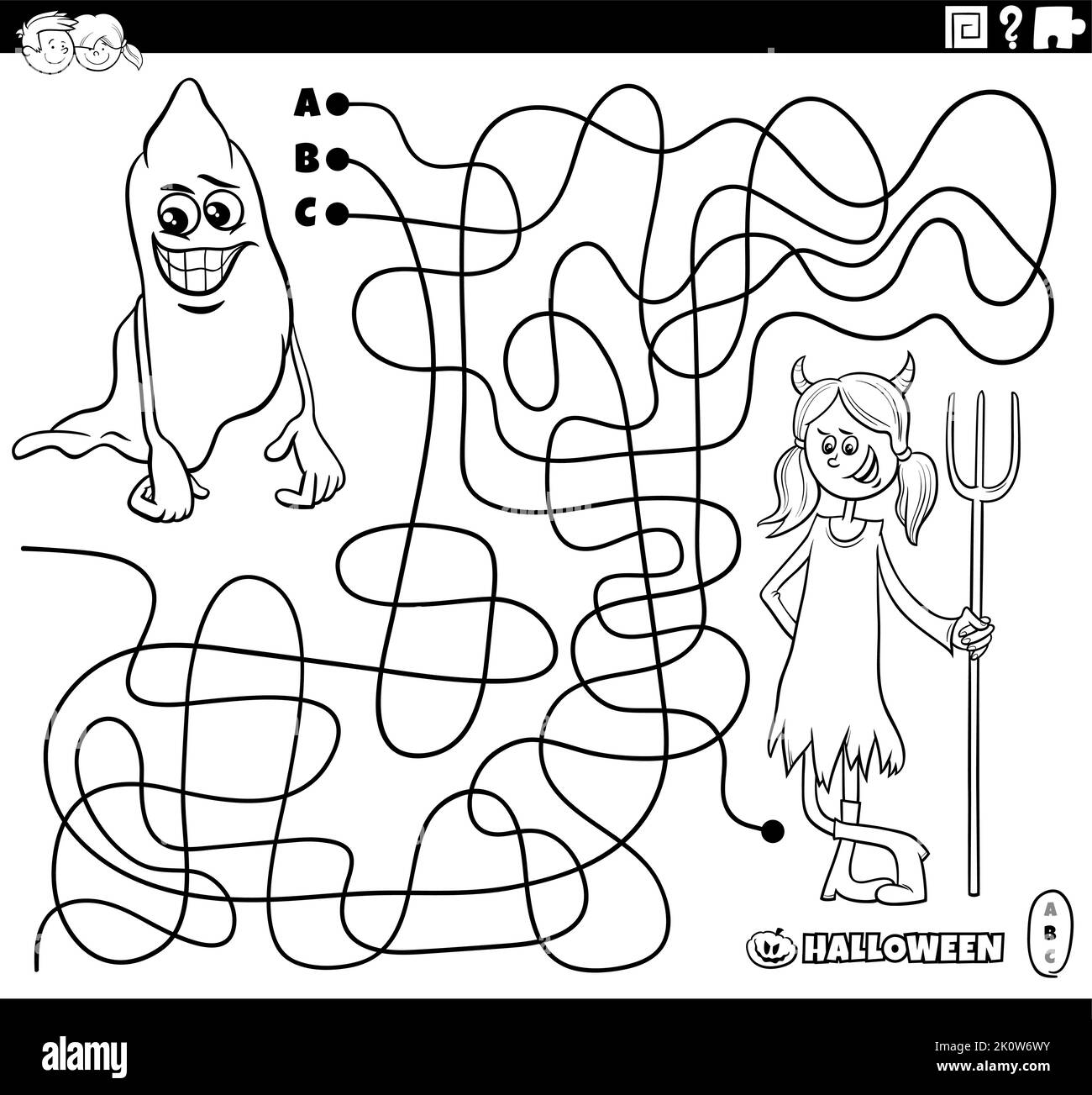 Black and white cartoon illustration of lines maze puzzle with comic ...