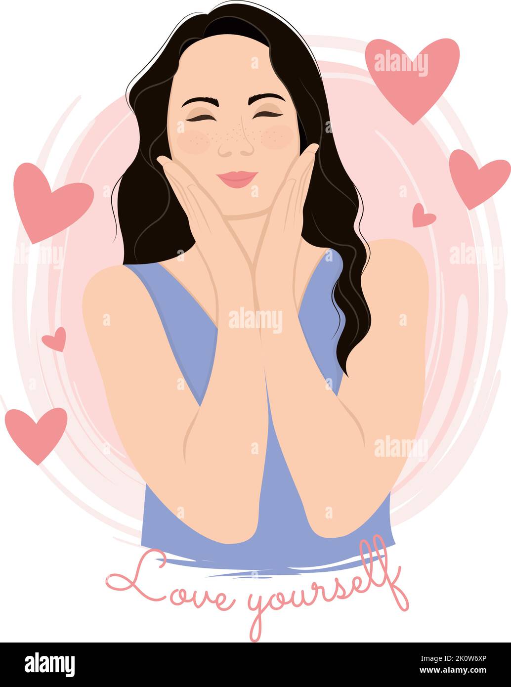 Cute girl with hearts around hugging herself Self love Vector Stock ...