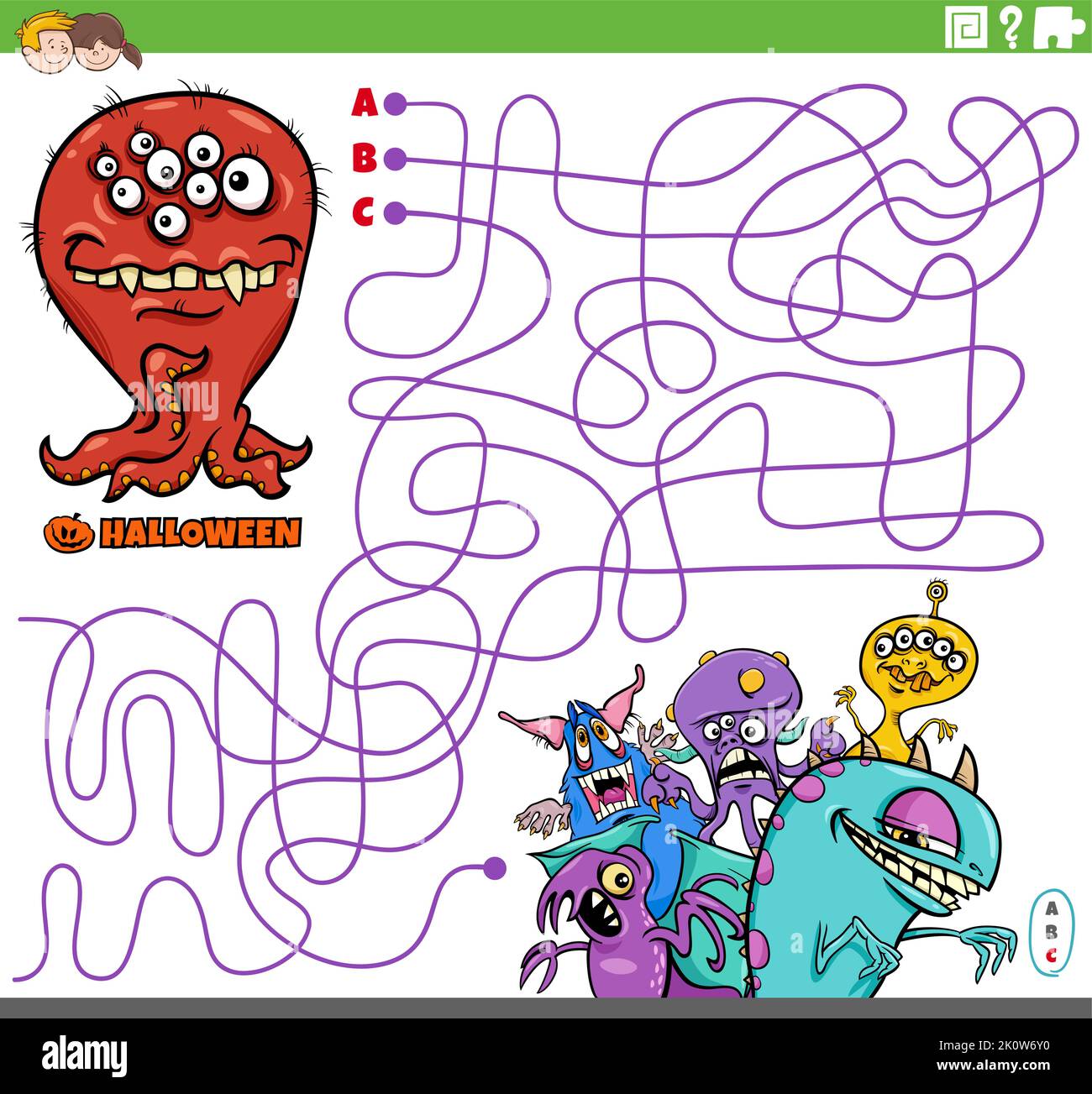 Cartoon illustration of lines maze puzzle with comic monster characters ...