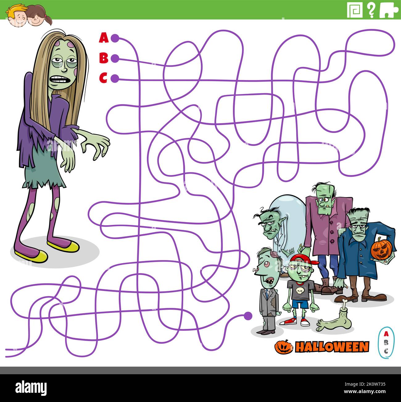 Cartoon illustration of lines maze puzzle with comic zombie characters ...
