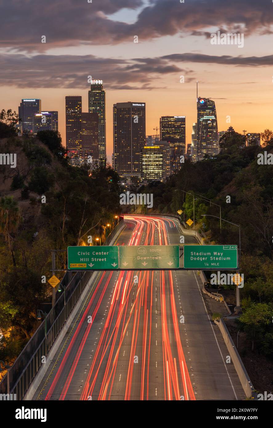 Light trails on the 110 freeway leading into downtown Los Angeles at ...