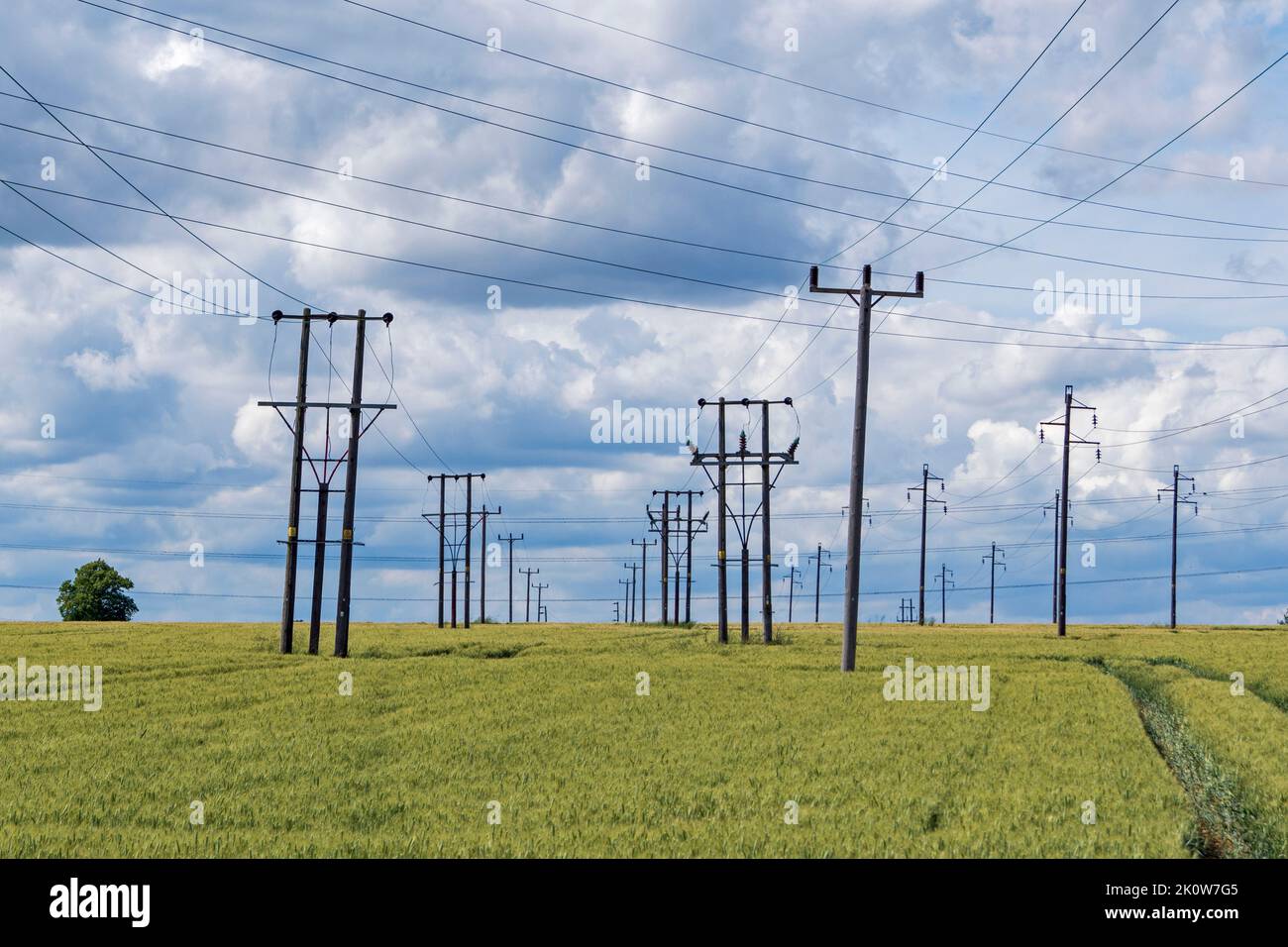 Pylons in a green field, landscape with dramatic clouds, Stanford-le ...