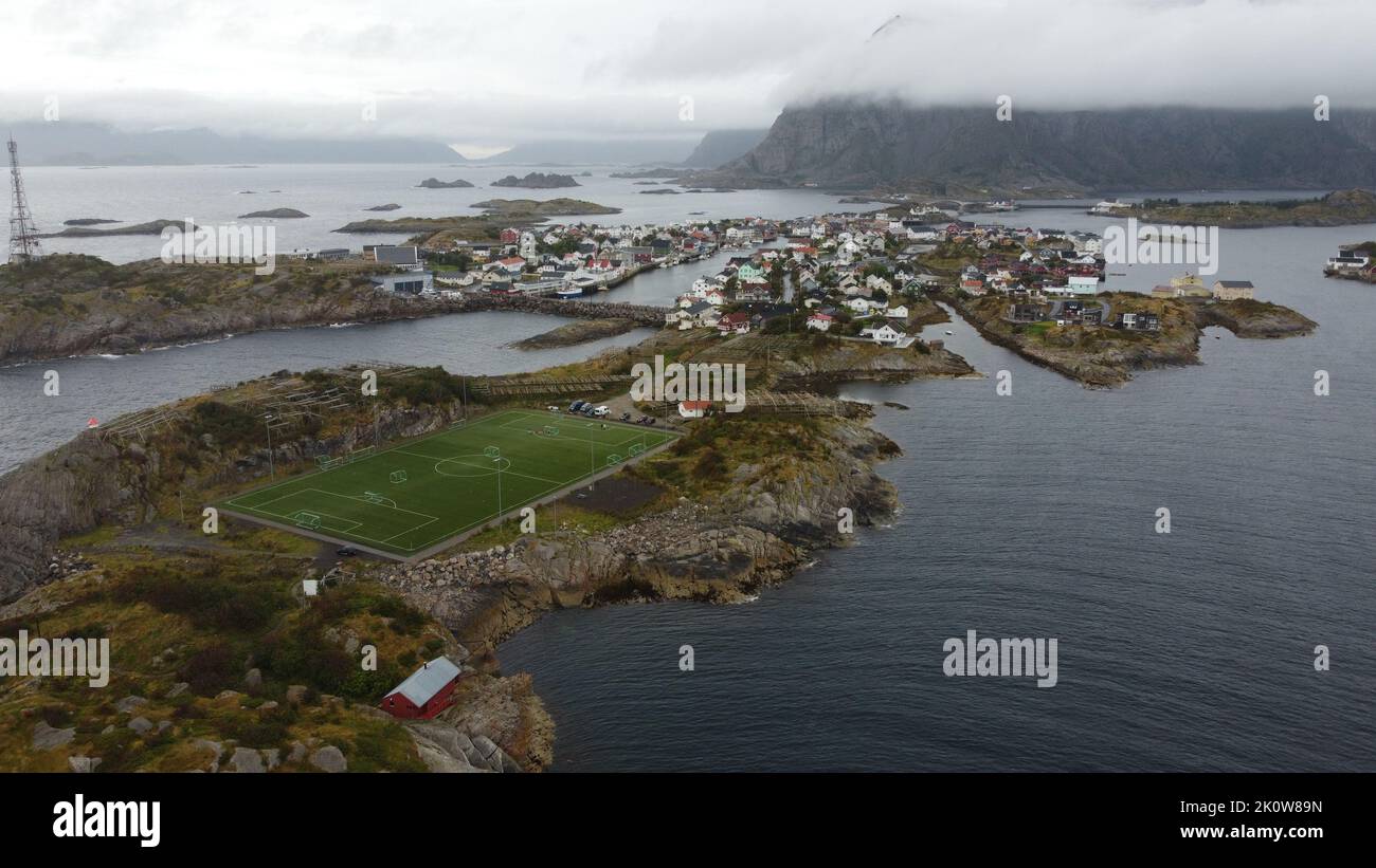 Aerial view of the football field in the nordic village of Henningsvaer ...