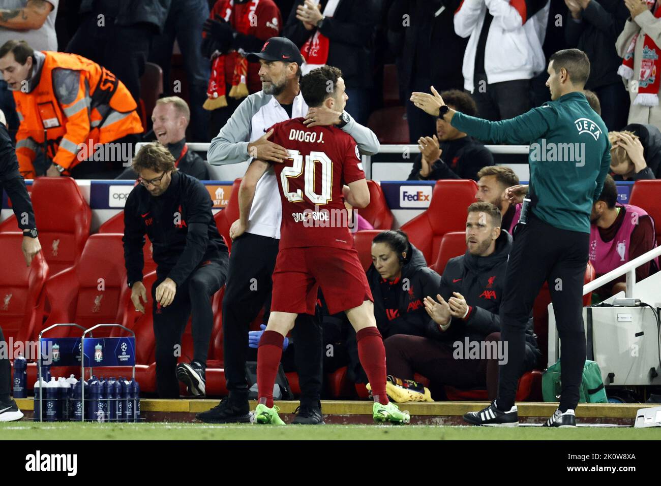 Liverpool, UK. 13th Sep, 2022. LIVERPOOL - (lr) Diogo Jota of Liverpool ...