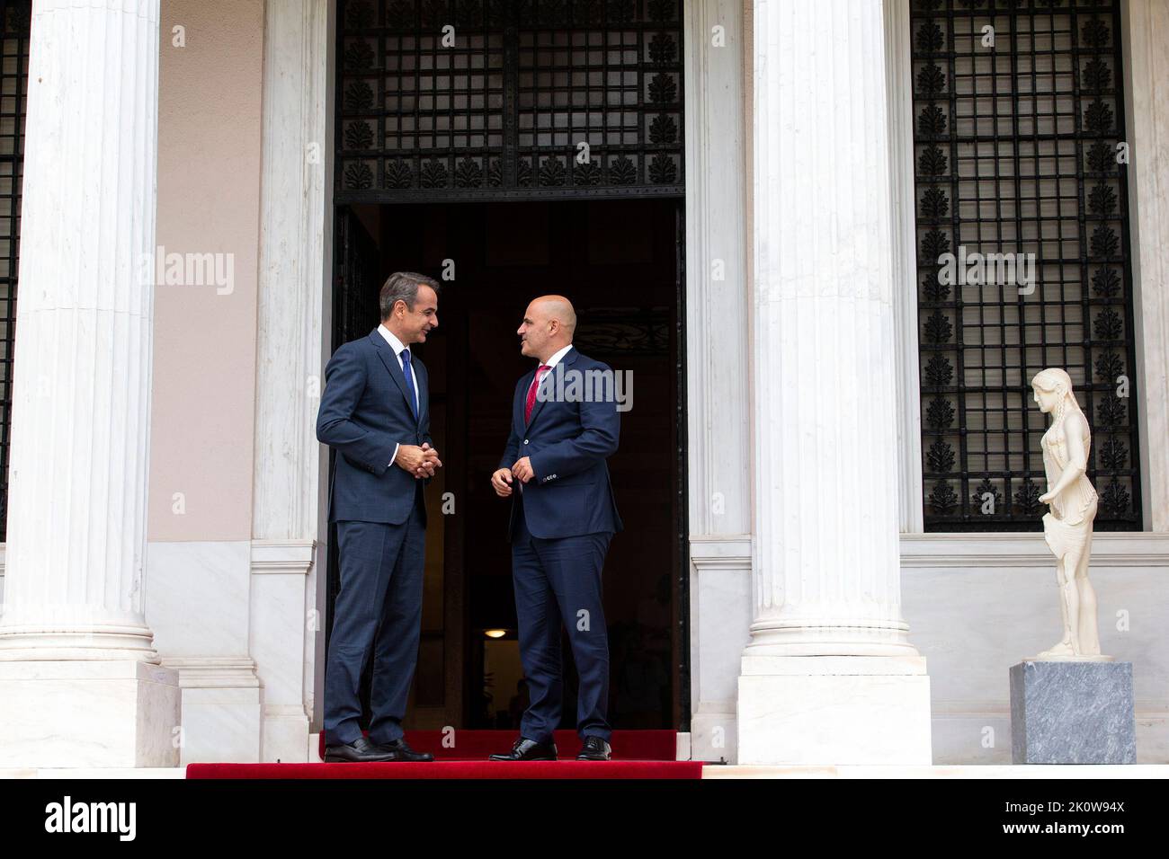 Athens, Greece. 13th Sep, 2022. Greek Prime Minister Kyriakos Mitsotakis (L) welcomes North ...