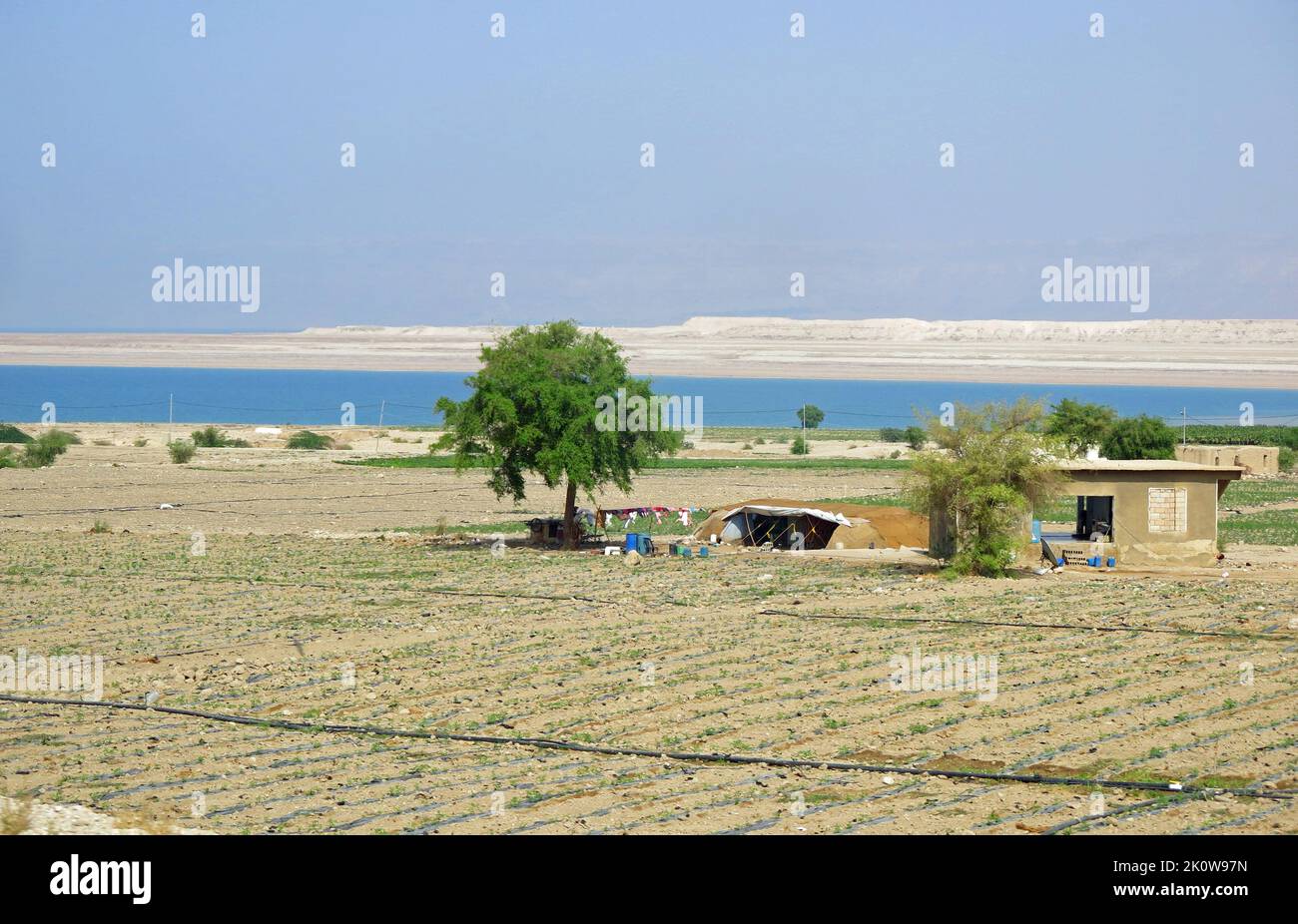 Village huts of a desert nomad camp near the sea in the Middle East in ...