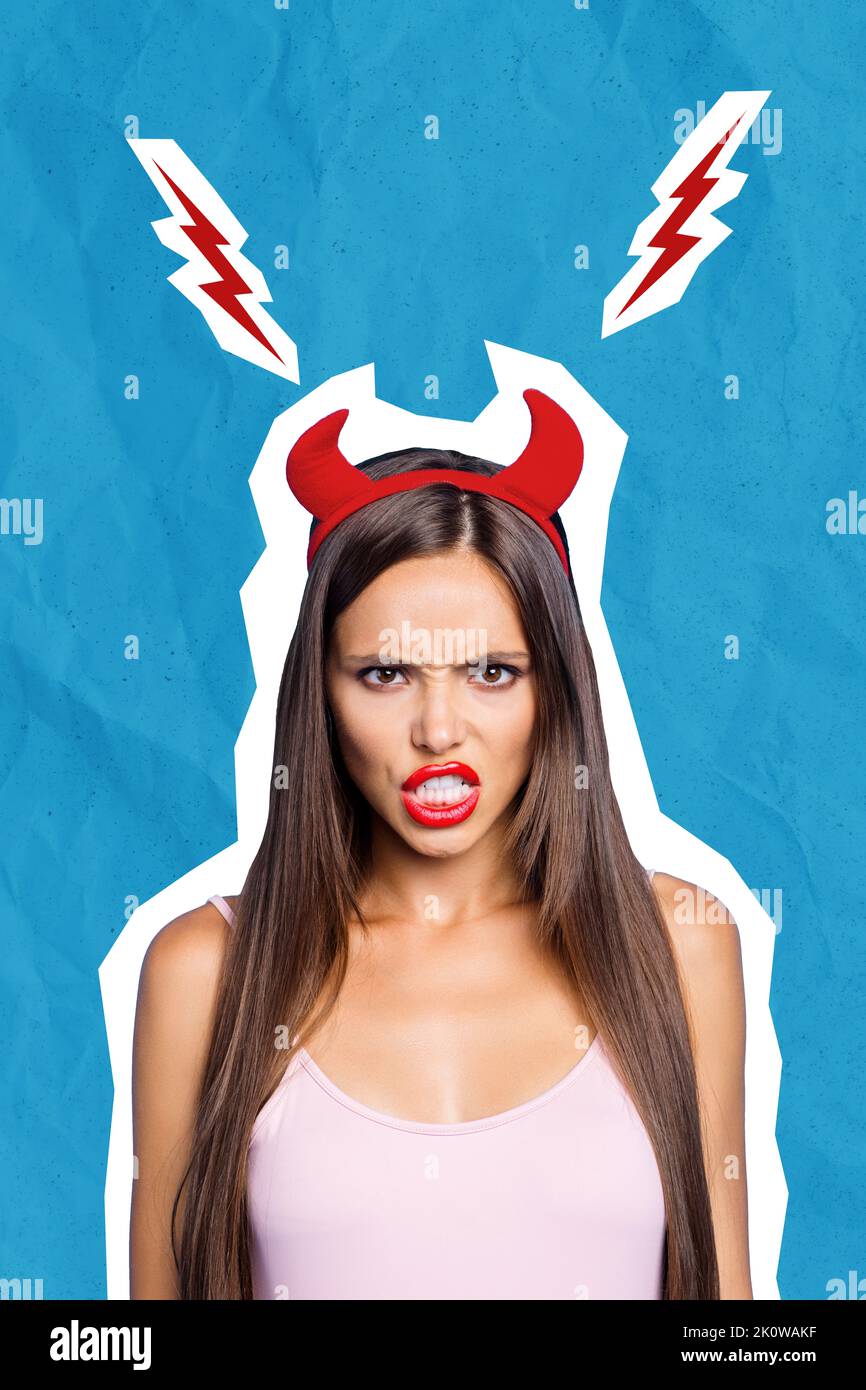 Vertical collage image of negative angry girl wear devil horns ...