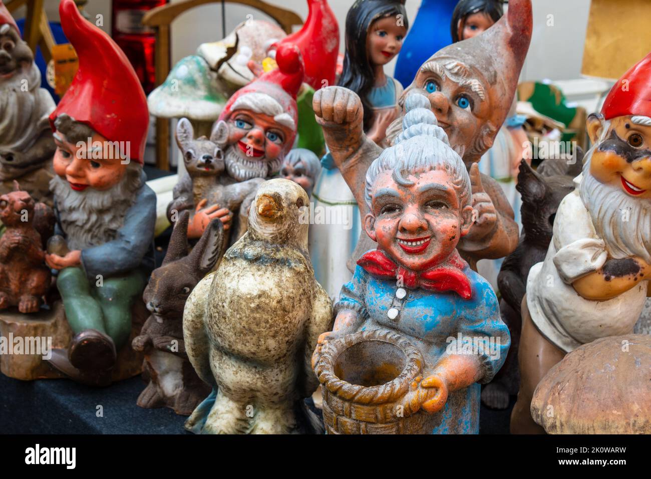 Garden dwarf, gnome decoration. Second-hand garden gnomes group Stock Photo - Alamy