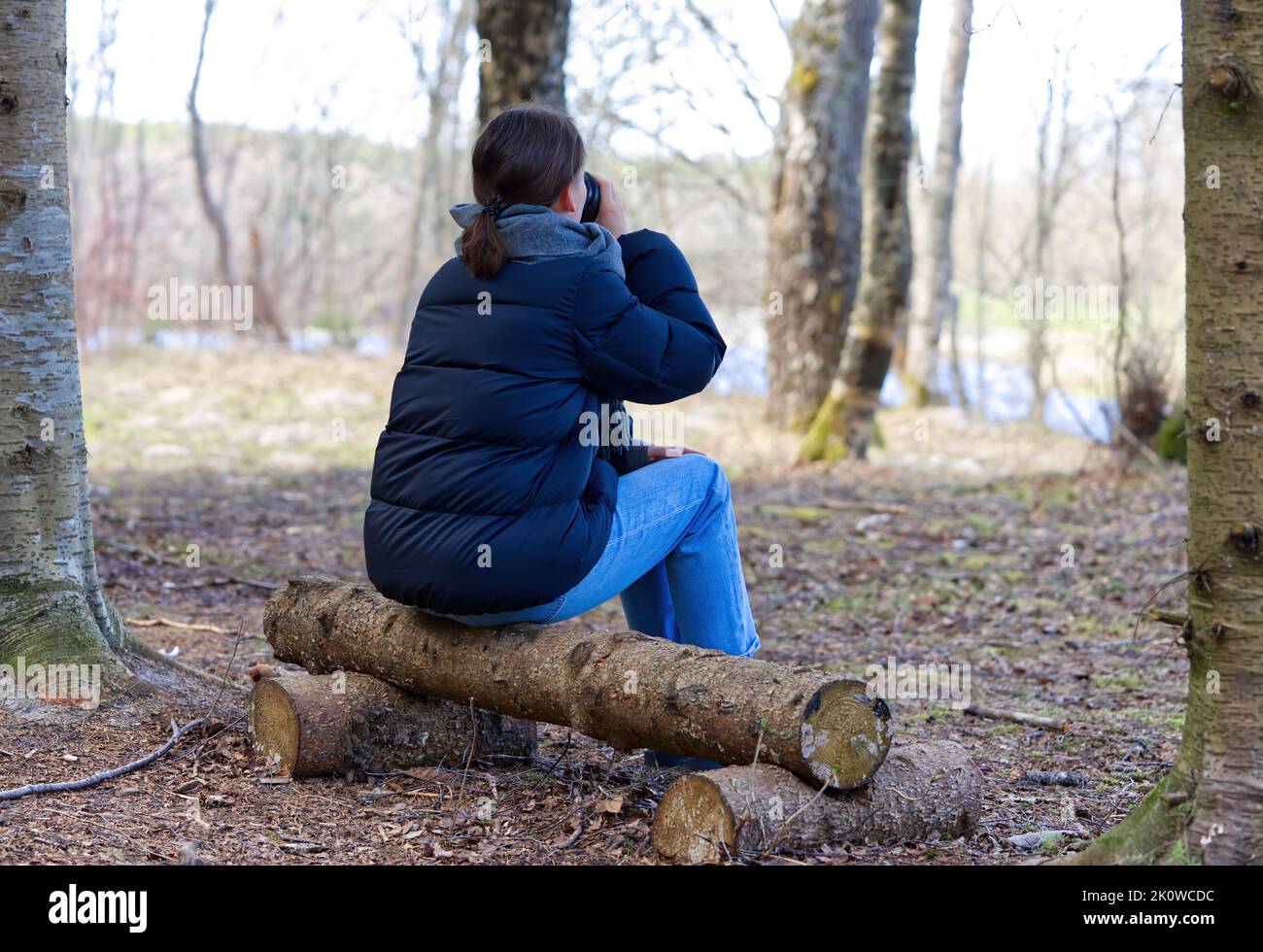 Young woman is sitting on a log bench in forest and drinking coffe. Old ...