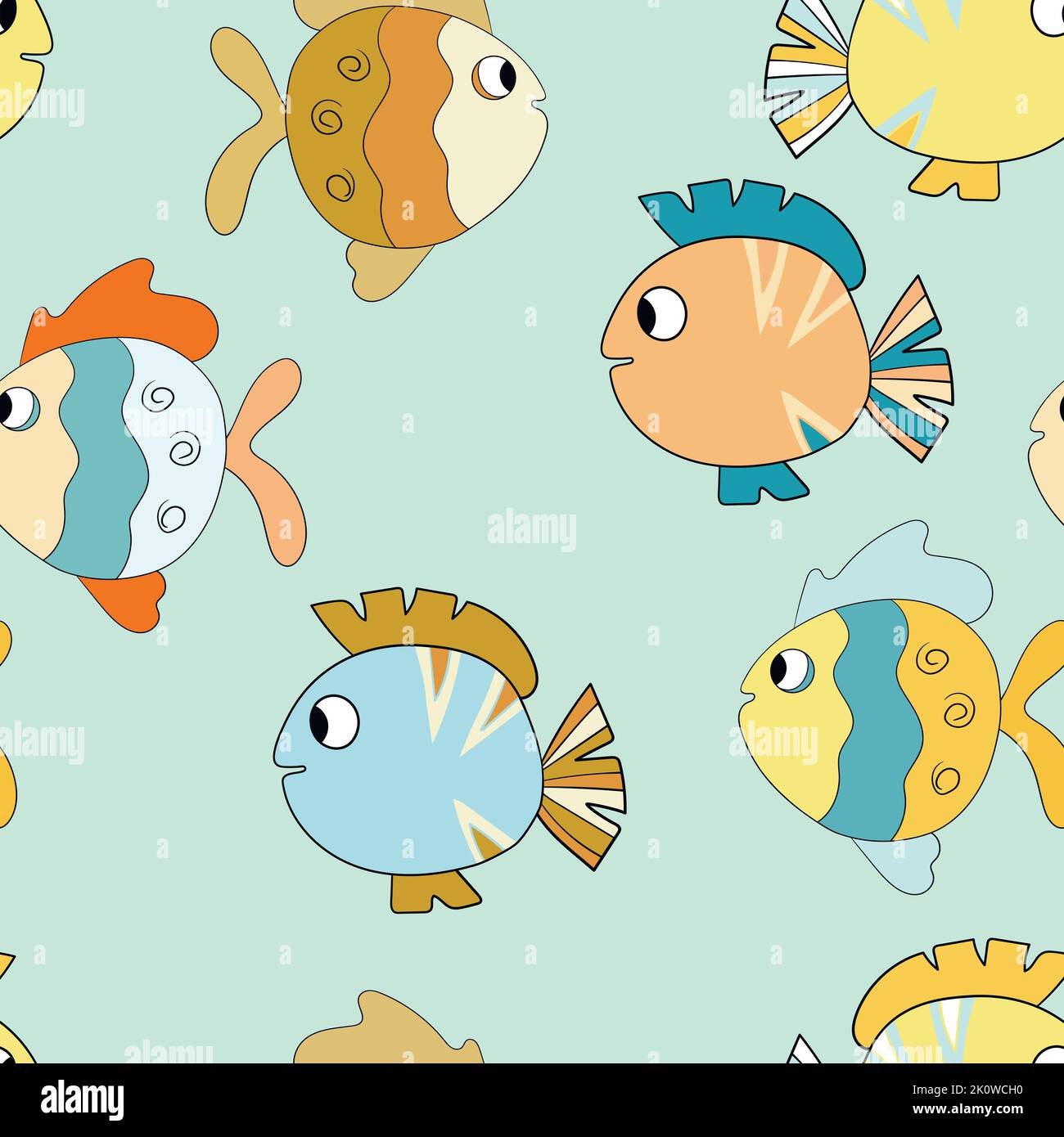 Seamless pattern with cute fish on color background. Vector cartoon ...