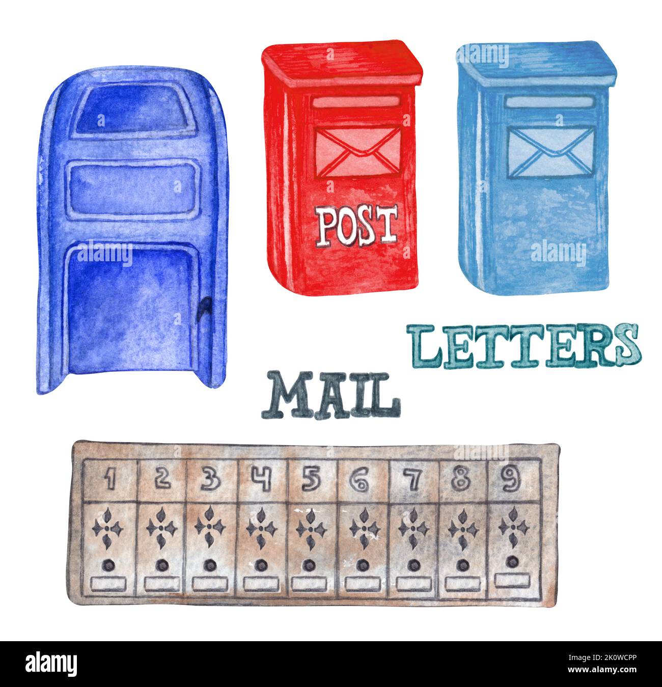 Watercolor hand painted mailboxes with envelopes clipart set isolated ...
