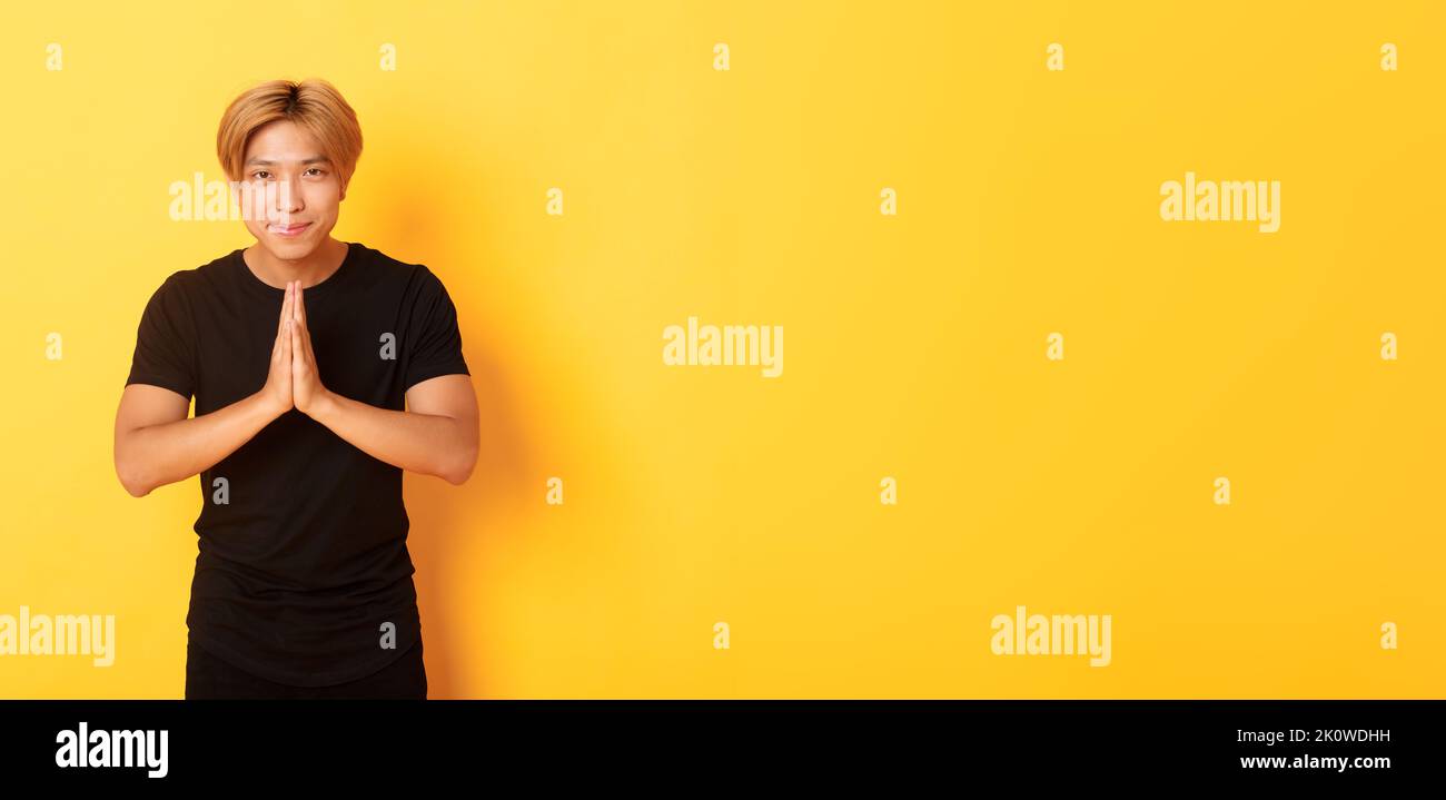 Portrait of friendly and polite asian blond guy, clasp hands together ...