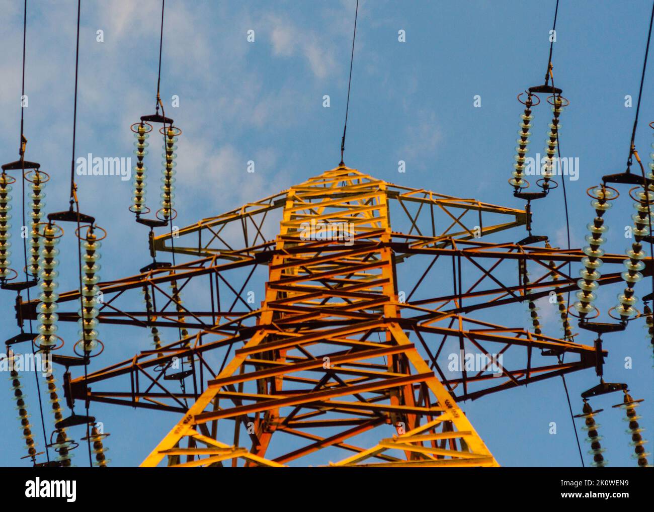 high-voltage power lines at sunset,high voltage electric transmission ...