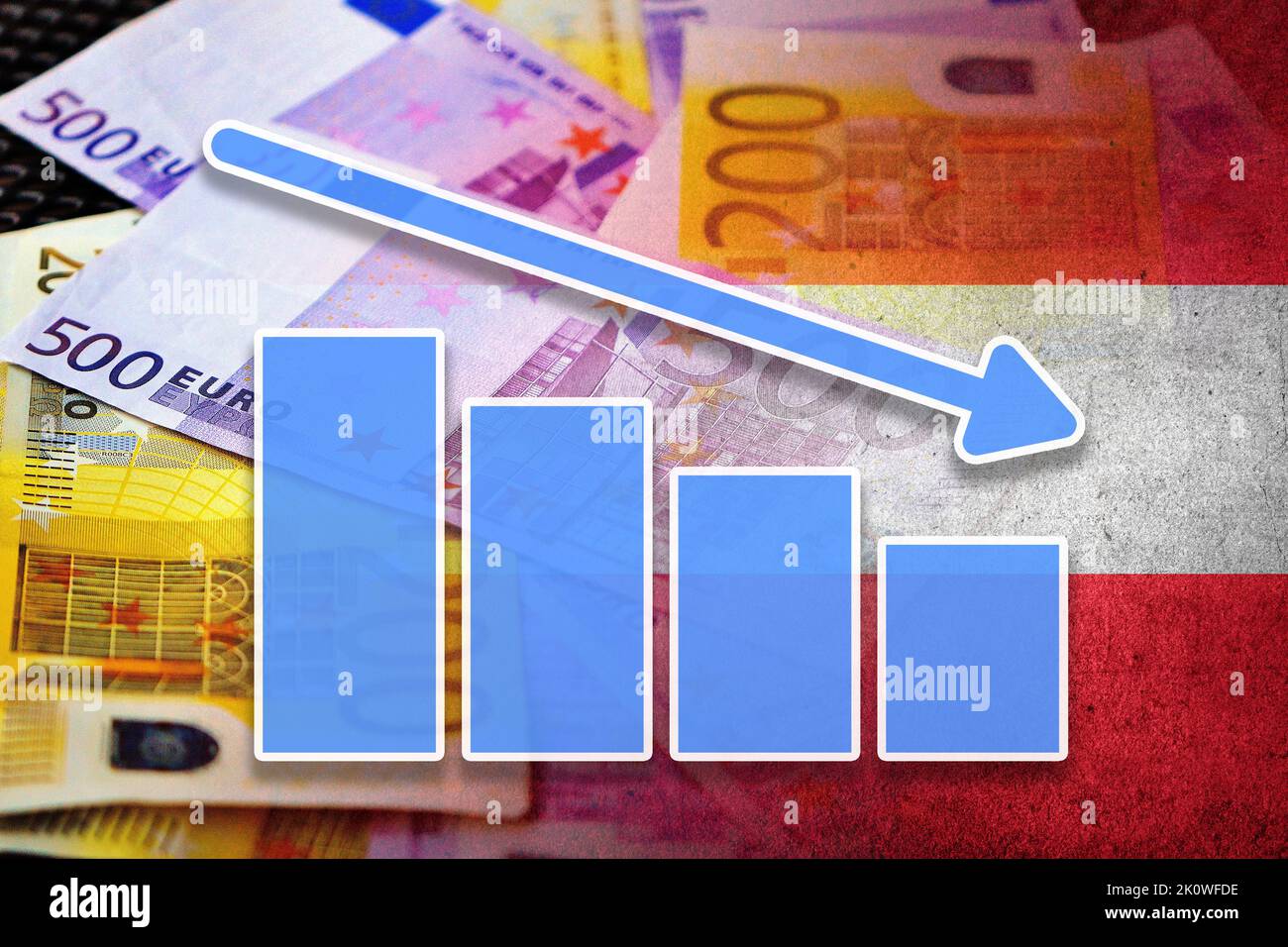 Economy Graph: Downward Arrow, Euro Cash Banknotes and Austria Flag ...