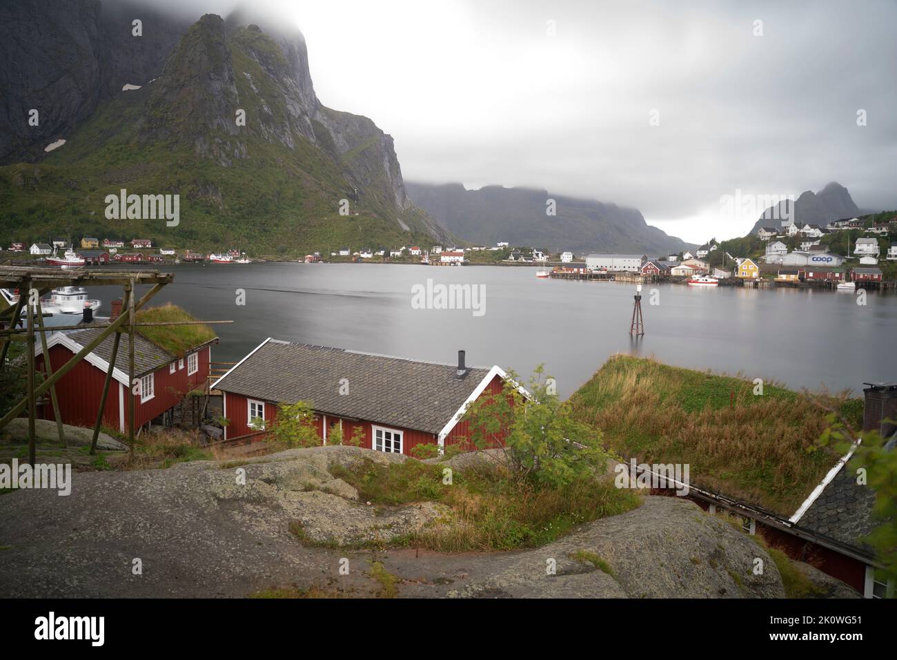 Red fishermen cabins in the fishing village of Reine in Lofoten islands ...