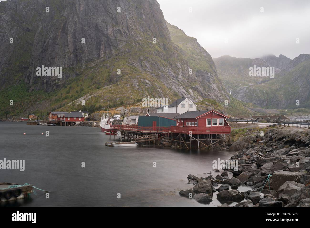 Red fishermen cabins in the fishing village of Reine in Lofoten islands ...